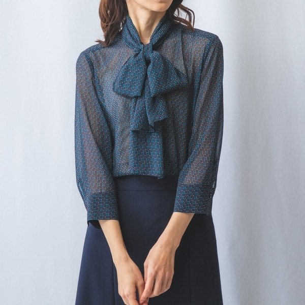 NARACAMICIE】マイクロドットシフォン七分袖ボウタイブラウス | ナラ