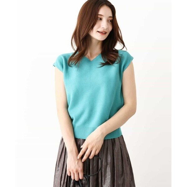 コットン100/洗える】バックパール調ビーズ フレンチスリーブVネック