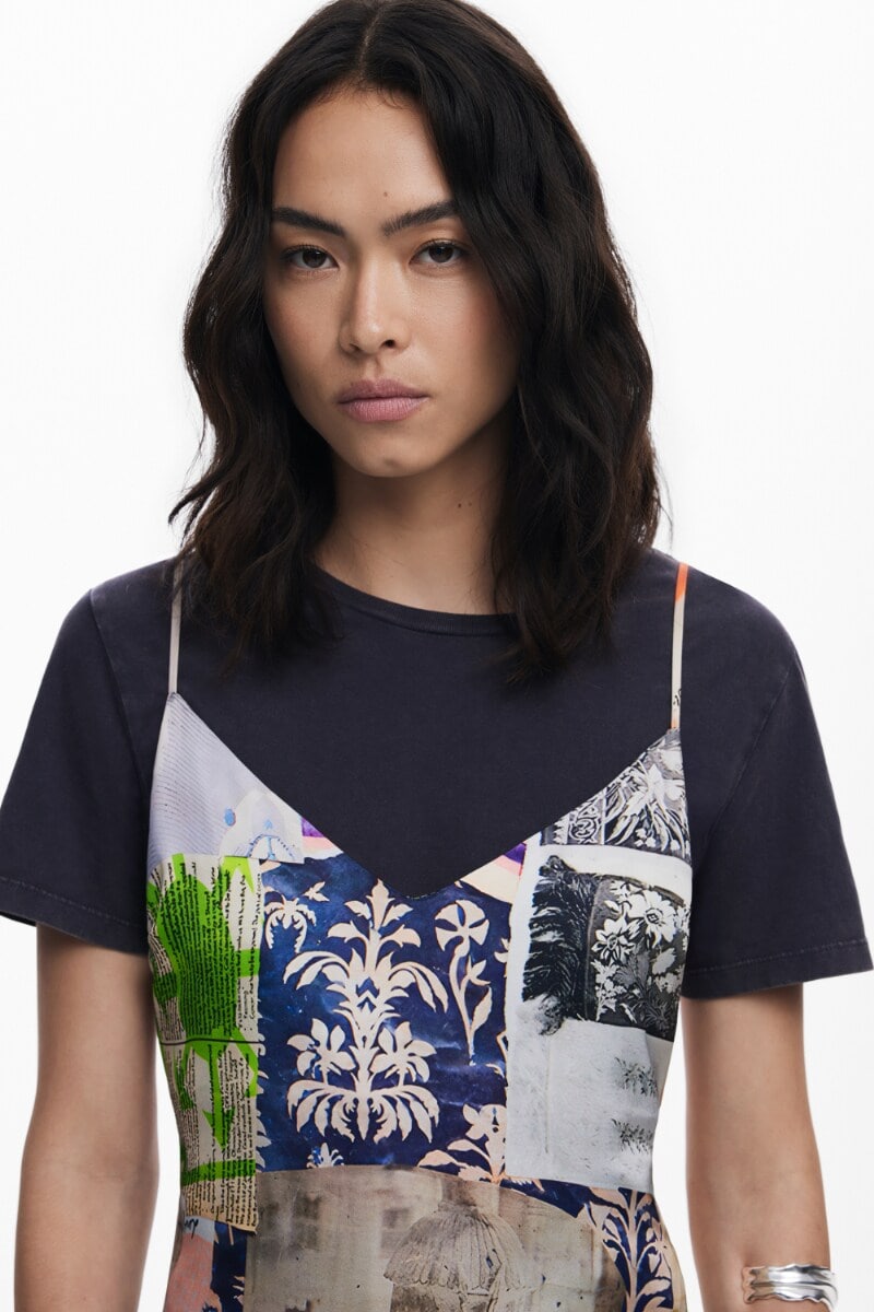 デシグアル（Desigual）/【5サイズ展開/XS/XL】2in1 コラージュ柄スリップドレス Tシャツ付き 5サイズ展開/XS/XL】2in1 コラージュ柄スリップドレス Tシャツ付き