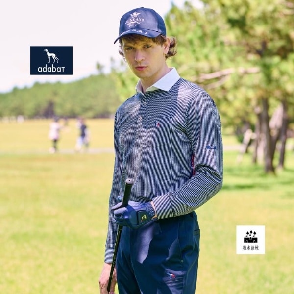 新レーベル ADABAT NAVY】吸水速乾 サッカーストライプ長袖ポロシャツ