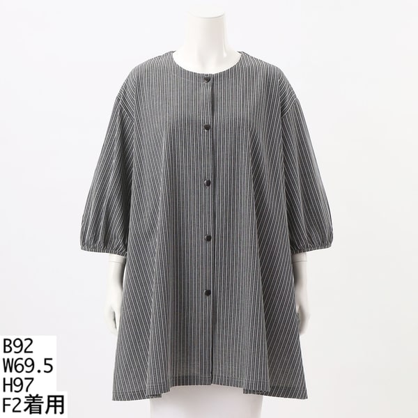 クインティ（QUINTY）/【大きいサイズレディース】７分丈ダンガリー天竺ストライプフロントオープンブラウス【日本製】 大きいサイズレディース】7分丈ダンガリー天竺ストライプフロント