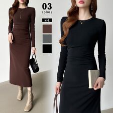 美シルエットウエストギャザーワンピース タイトワンピース 長袖 ワンピース ロング レディース | COCOMOMO | マルイウェブチャネル