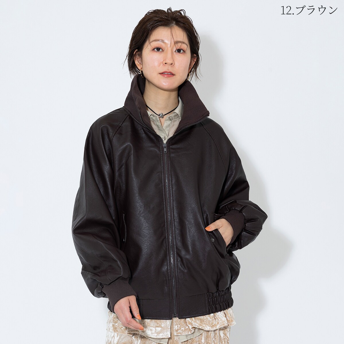 フェイクレザーリブハイネックジャケット[80644061]macaron | アンド